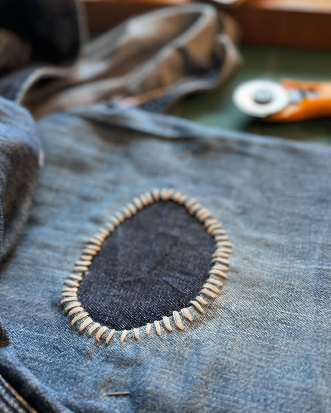 Sashiko style denim elbow repair - Incredibusy